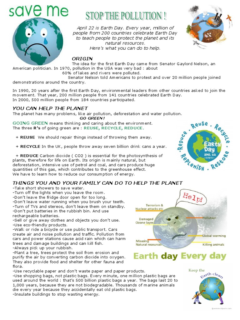 Earth Day Stop The Pollution Reading Comprehension Exercises ...