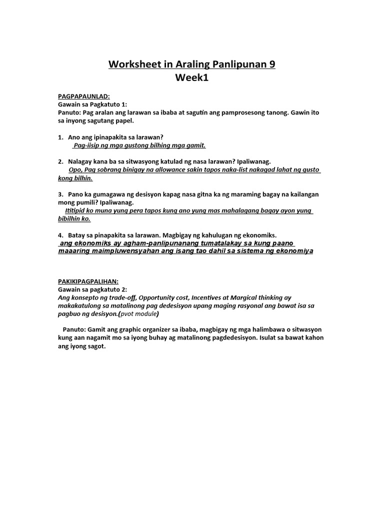 Worksheet1 in Araling Panlipunan 9 | PDF