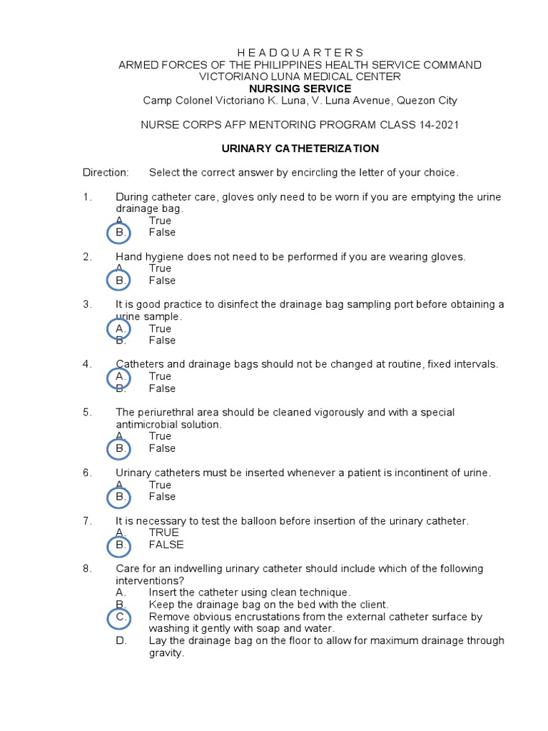 Quiz Urinary Catheterization | PDF | Genitourinary System | Medical ...
