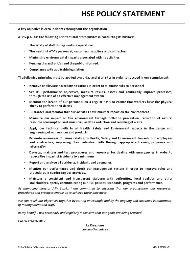 HSE Statement Eng | PDF | Safety | Business