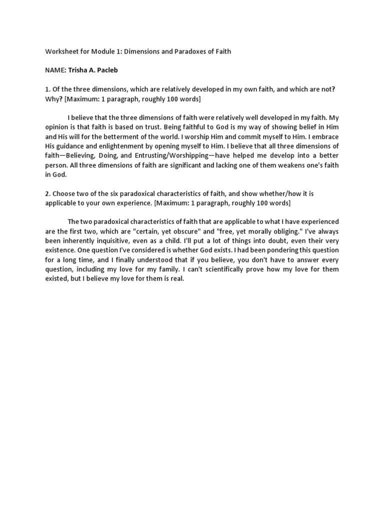 Worksheet For Module 1-Dimensions and Paradoxes of Faith | PDF