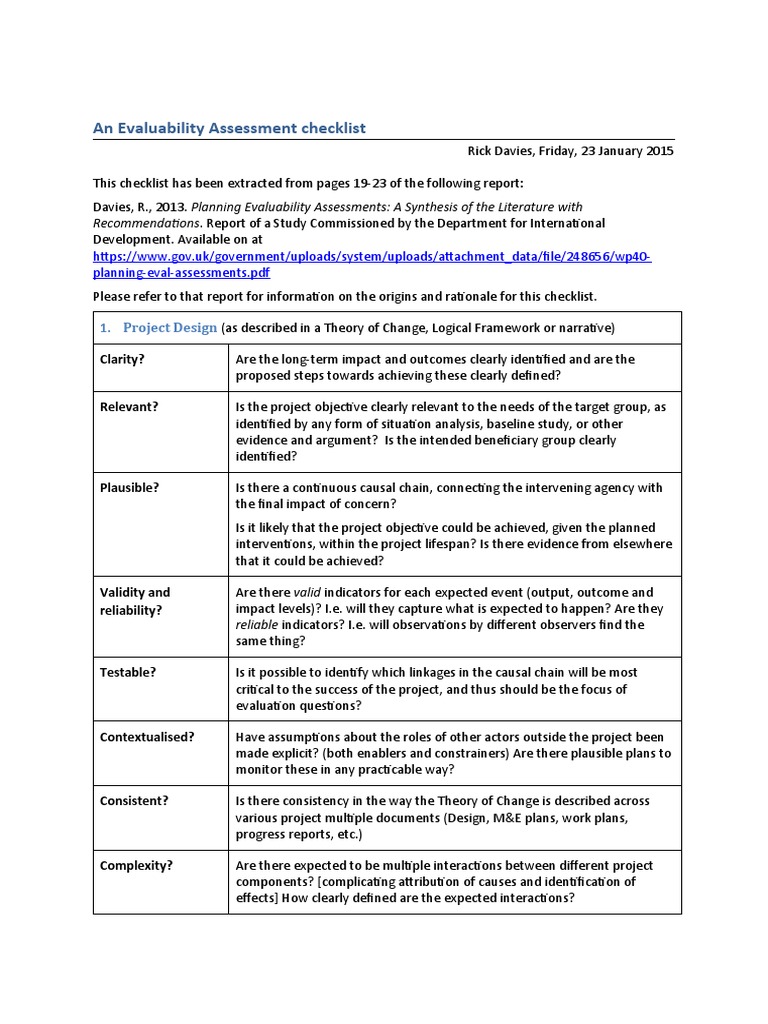 An Evaluability Assessment Checklist | PDF | Evaluation | Cognition
