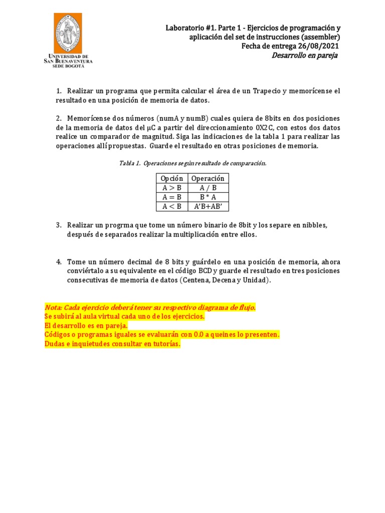 Laboratorio #1. Parte 1 - Ejercicios de Programación y Aplicación Del Set de Instrucciones ...