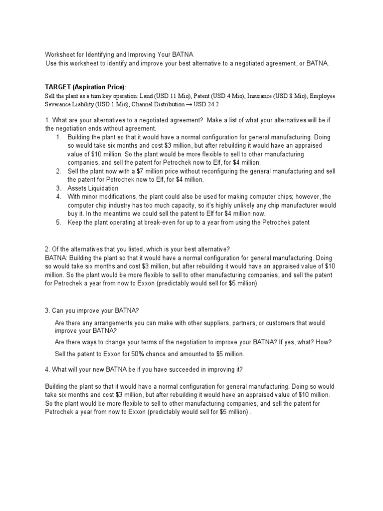 Ayda Khadiva - 29120578 - BATNA Worksheet | PDF | Market (Economics ...