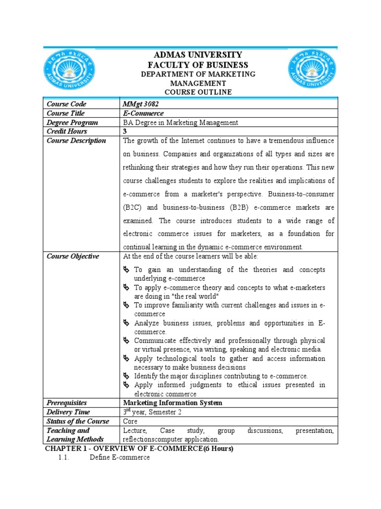 Admas University Faculty of Business: Department of Marketing Management Course Outline | PDF ...