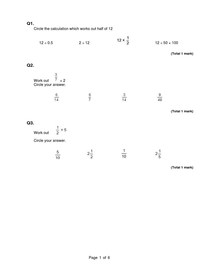 Circle The Calculation Which Works Out Half of 12: (Total 1 Mark) | PDF ...