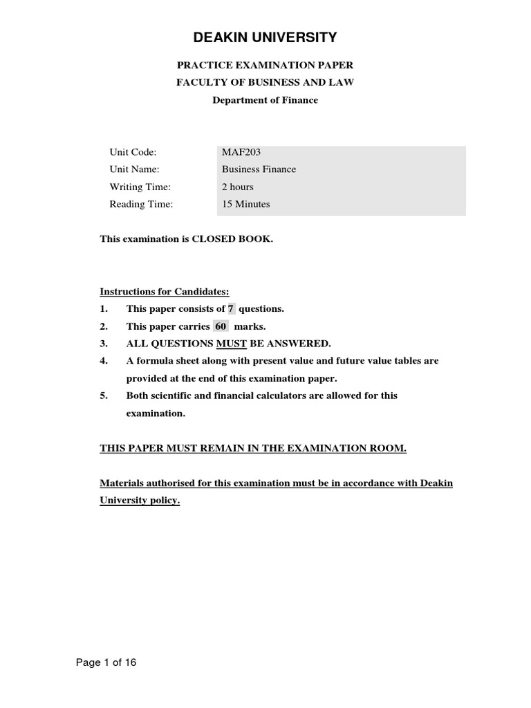 Deakin University: Unit Code: MAF203 Unit Name: Business Finance ...