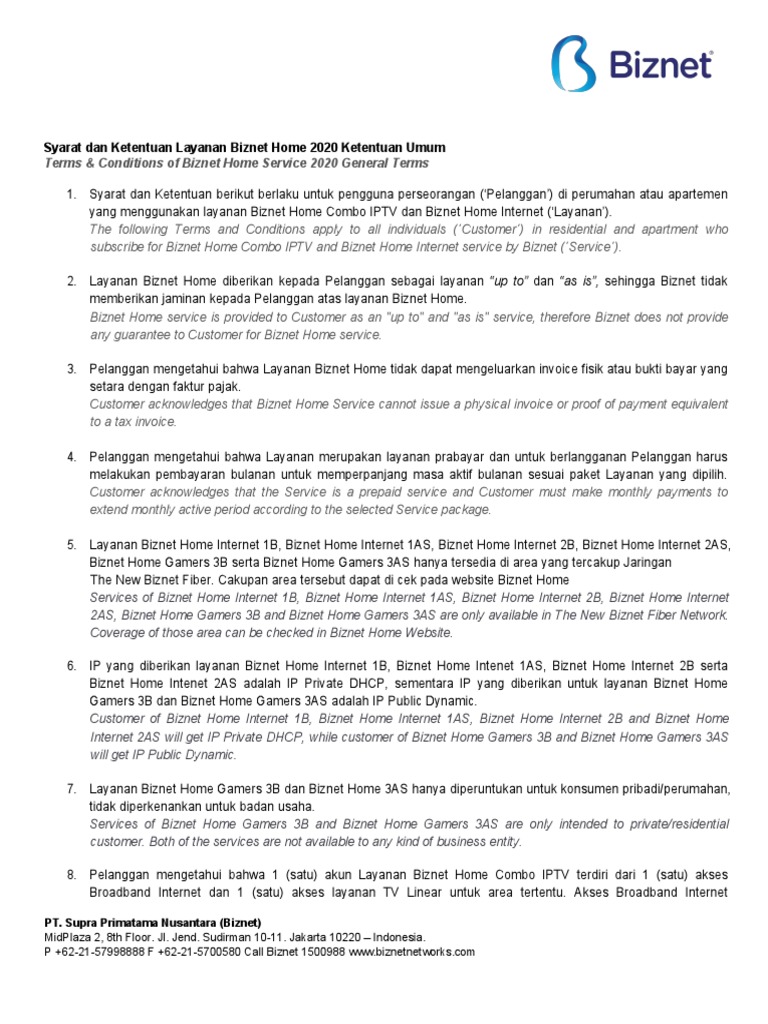 Syarat Layanan Biznet Home 2020 | PDF