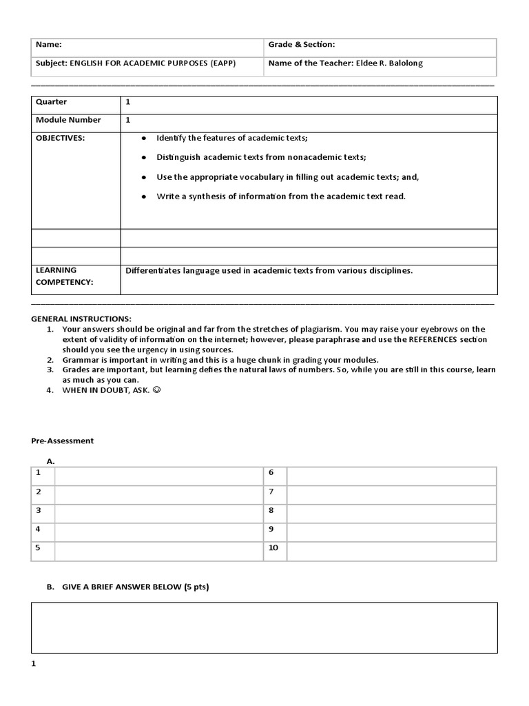 Eapp Worksheet q1w1 | PDF | English Language | Communication