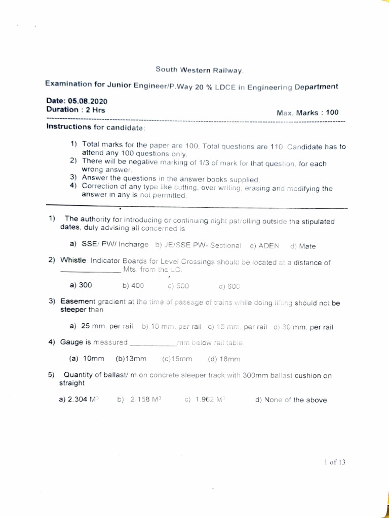Question Paper For Junior Engineer Pway in S W Railway | PDF