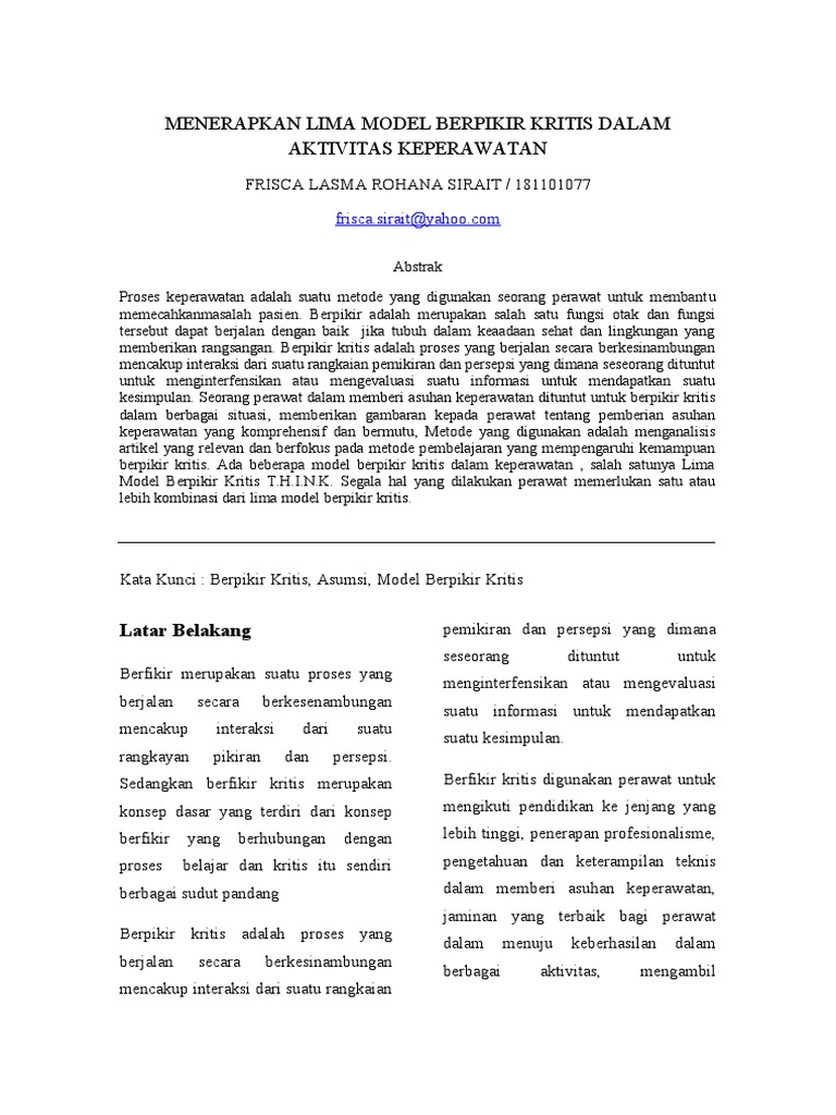Tugas Jurnal Berpikir Kritis Dalam Keperawatan | PDF