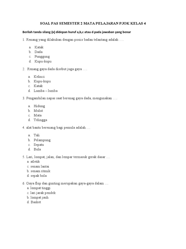 Soal Pas Semester 2 Mata Pelajaran Pjok Kelas 4 | PDF
