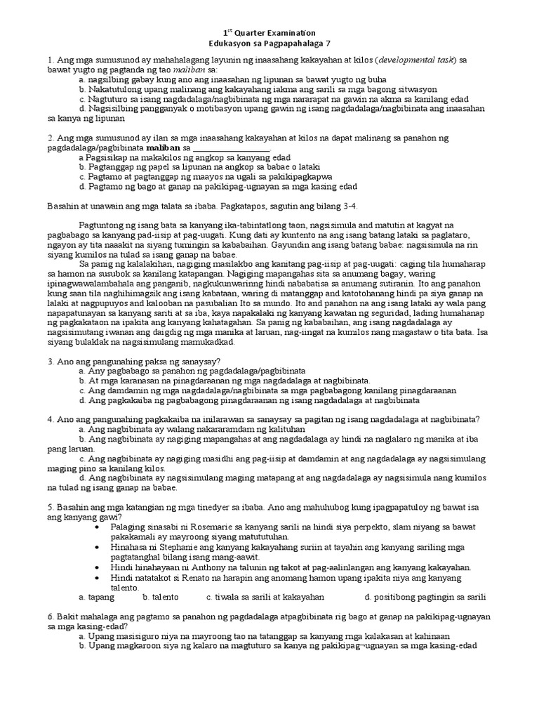 EsP 7 1st Quarter Exam | PDF