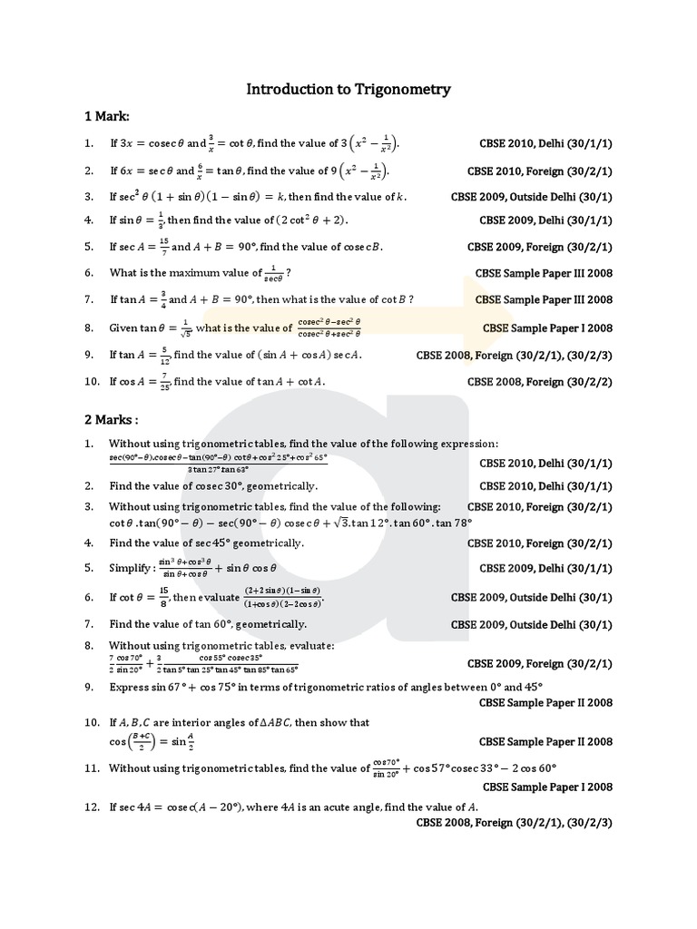 Introduction To Trigonometry Previous Year Questions | PDF ...