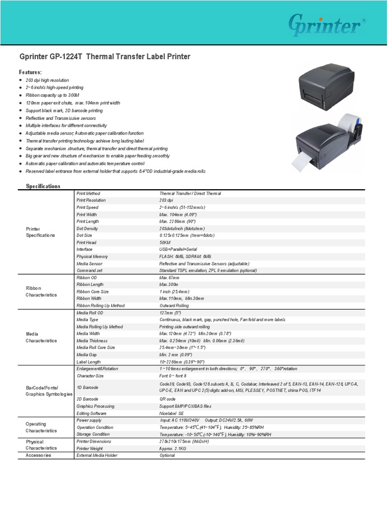 Barcode Printer GP-1224T Specifications | PDF | Printer (Computing) | Universal Product Code