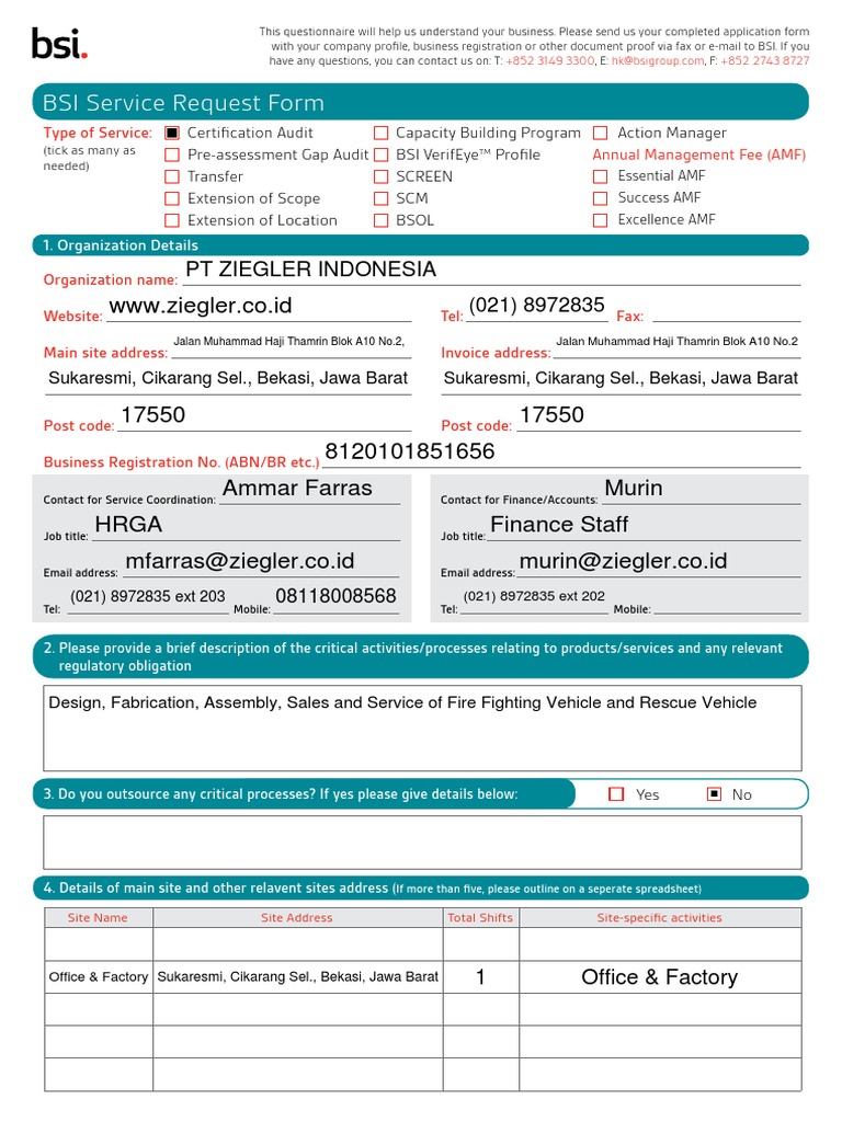 BSI Service Request Form: WWW - Ziegler.co - Id | PDF | Foods | Hazard Analysis And Critical ...