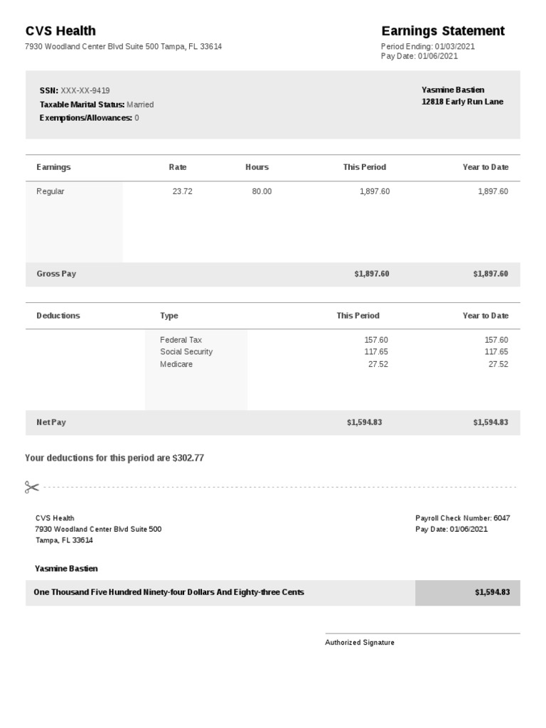 CVS Health Earnings Statement: SSN: Taxable Marital Status: Exemptions ...