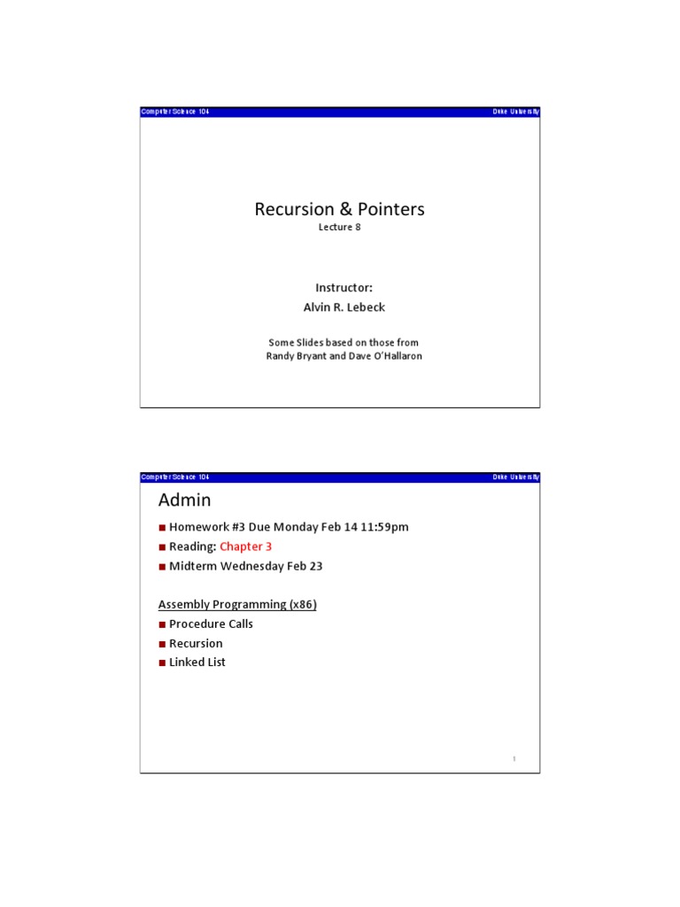 Recursion And Pointers Instructor Alvin R Lebeck Pdf Pointer Computer Programming