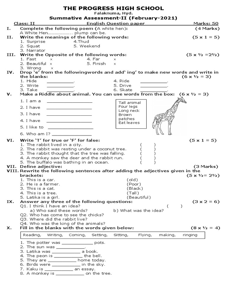 Grade 2 English Exam Paper | PDF | Cats | Senses