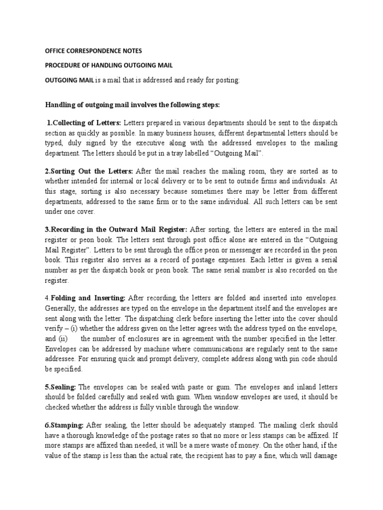 Office Correspondence Notes Procedure of Handling Outgoing Mail ...