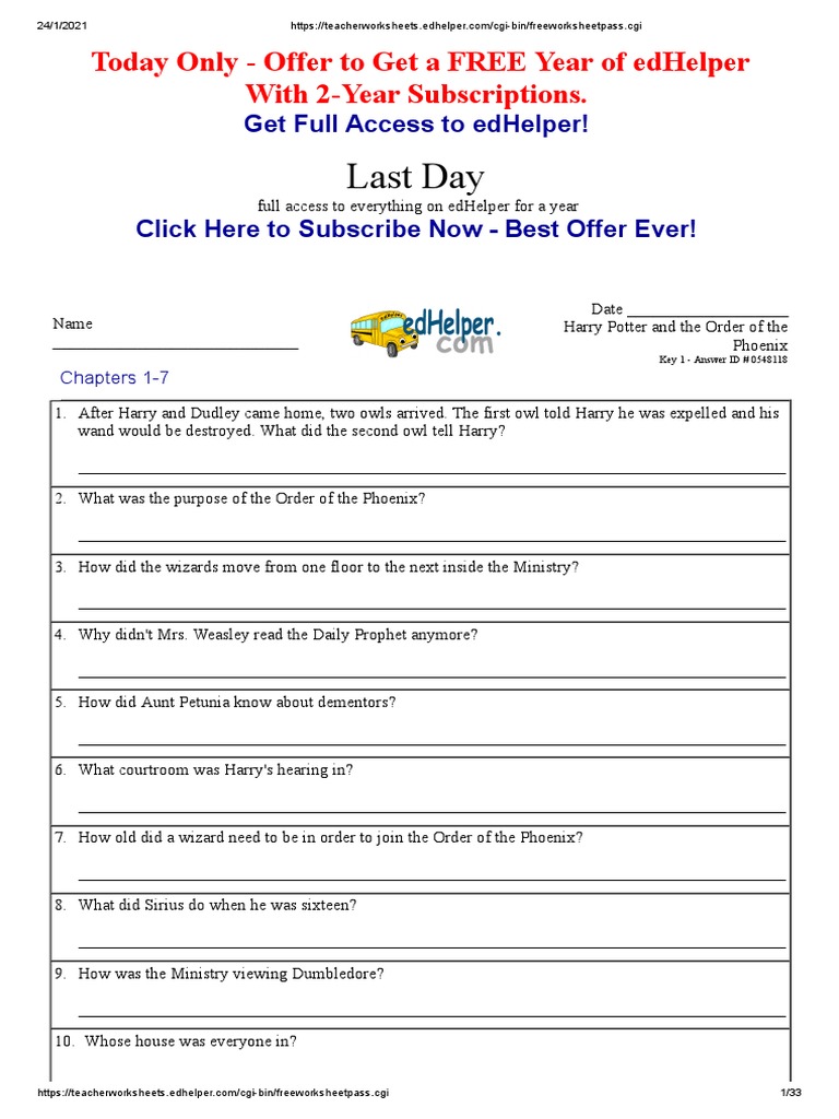 Harry Potter and The Order of The Phoenix Worksheet | PDF | Fictional ...