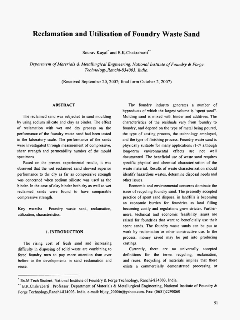 Reclamation and Utilisation of Foundry Waste Sand | PDF | Foundry | Sand