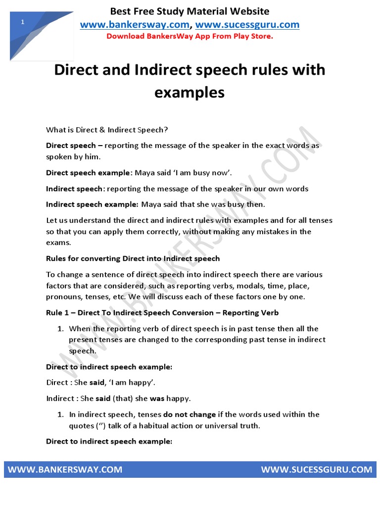 Direct and Indirect Speech Rules PDF With Examples | PDF | Question ...