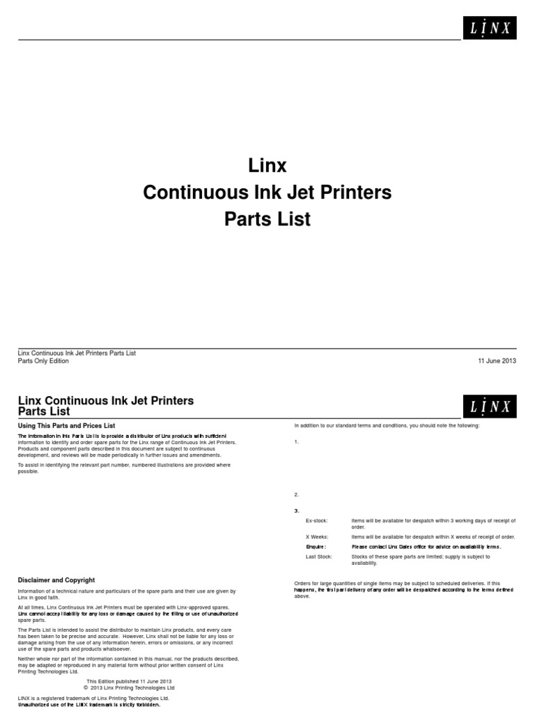 Linx Continuous Ink Jet Printers Parts List Parts Only Edition 11 June ...