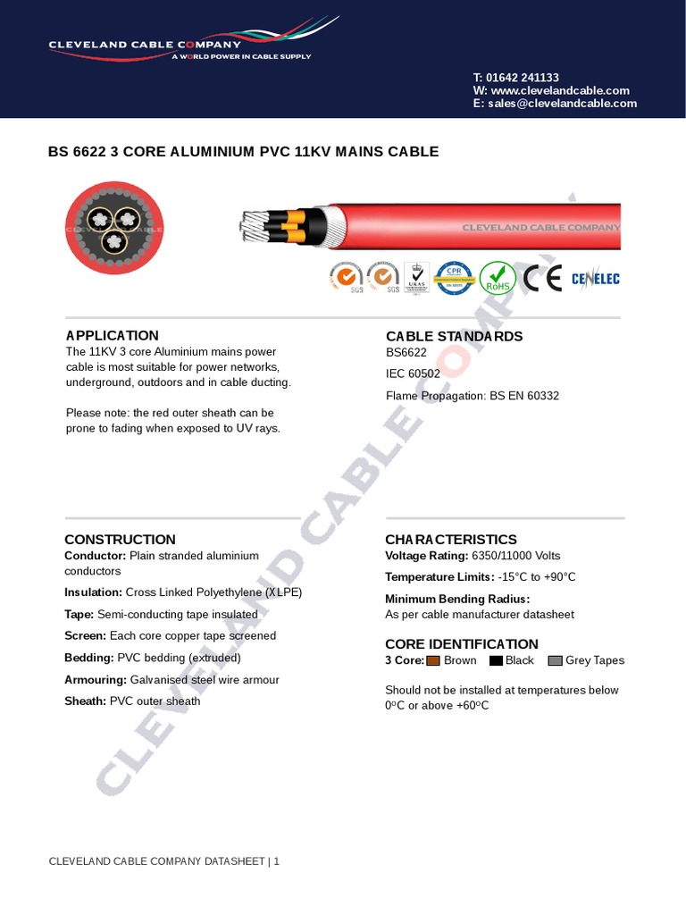 BS 6622 11kV 3-Core Cable Datasheet | PDF | Electrical Engineering ...