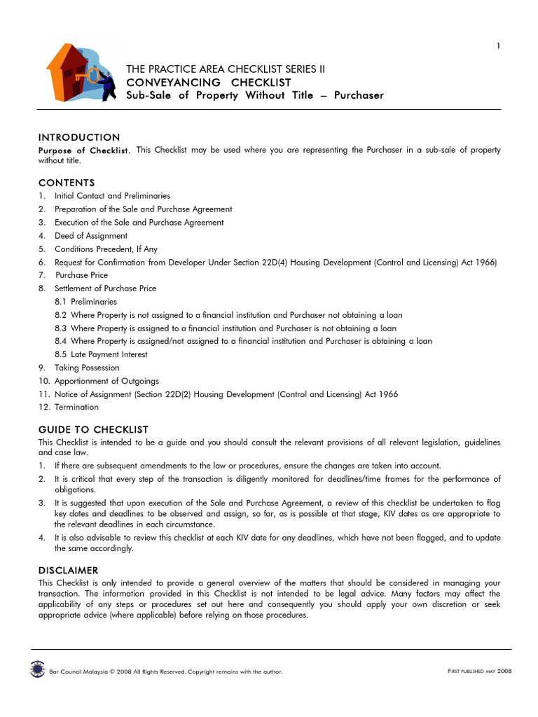 The Practice Area Checklist Series Ii Conveyancing Checklist Sub-Sale ...