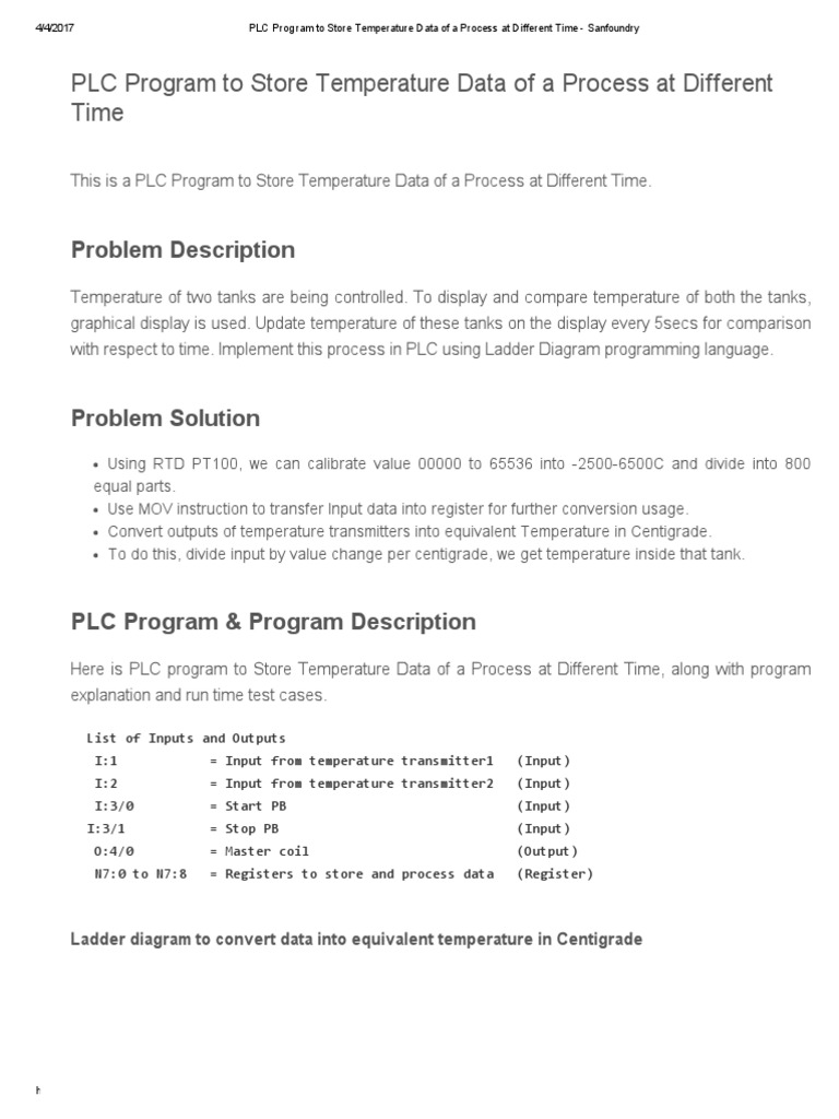 PLC Program To Store Temperature Data of A Process at Different Time - Sanfoundry | PDF ...