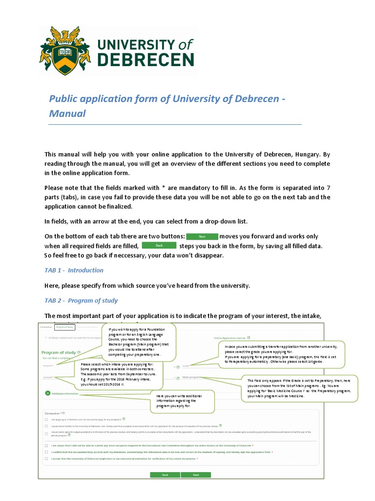 Public Application Form of University of Debrecen - Manual: TAB 1 ...