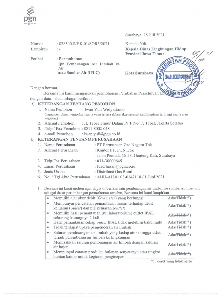 Tanda Terima Pengajuan Ijiin Pembuangan Air Limbah Ke Air (IPLC) | PDF