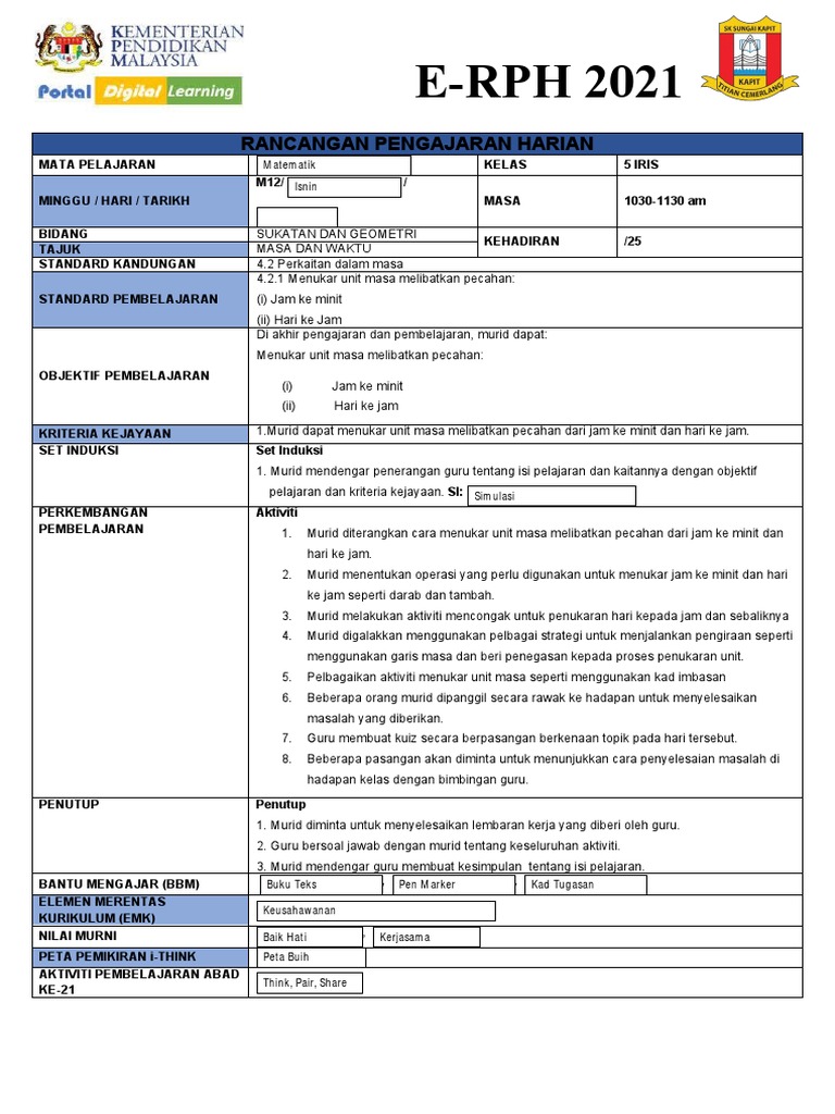 E-RPH 2021: Rancangan Pengajaran Harian | PDF