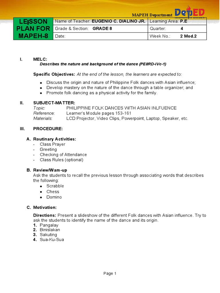 Grade 8 Philippine Folk Dance Lesson Plan | PDF | Dances
