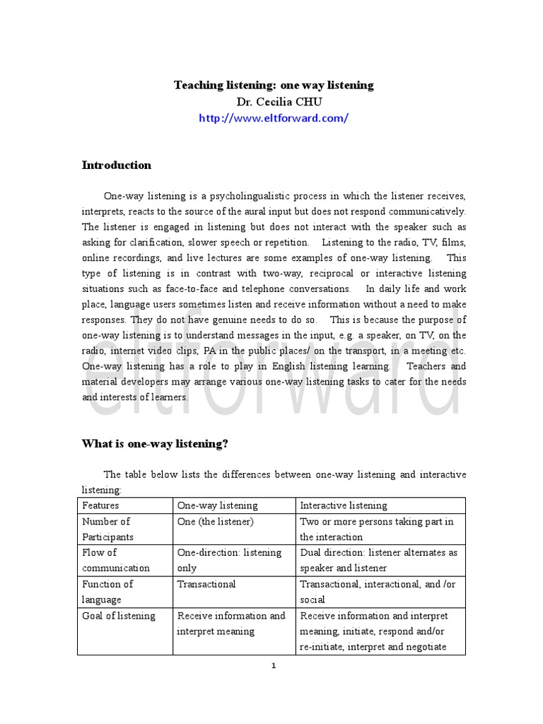 Teaching Listening: One Way Listening: Dr. Cecilia CHU | PDF | Learning ...