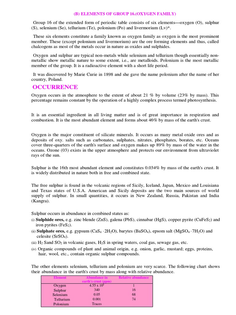 Occurrence: (B) Elements of Group 16. (Oxygen Family) | PDF | Chemical ...