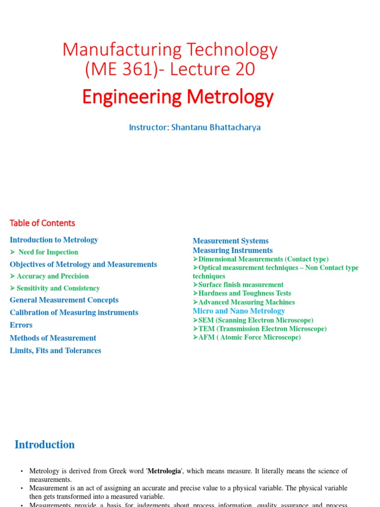 Manufacturing Technology (ME 361) - Lecture 20: Engineering Metrology | PDF | Observational ...