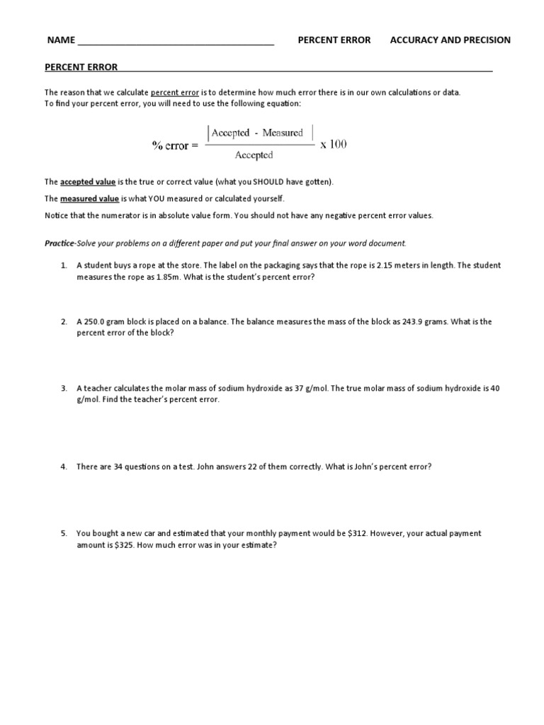 NAME - PERCENT ERROR ACCURACY AND PRECISION Percent Error | PDF ...