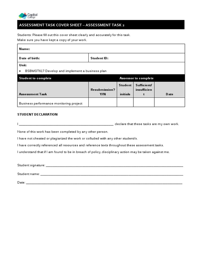 Assessment Task Cover Sheet - Assessment Task 2: Name: Date of Birth ...
