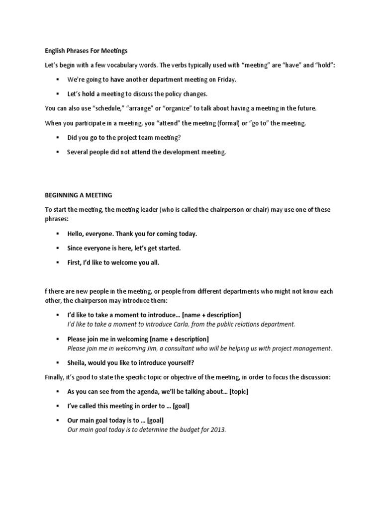 English Phrases For Meetings | PDF | Phrase | Human Communication