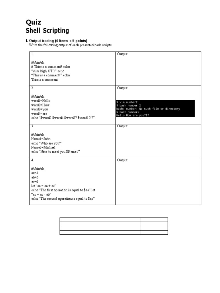 Quiz Shell Scripting: I. Output Tracing (4 Items X 5 Points) | PDF