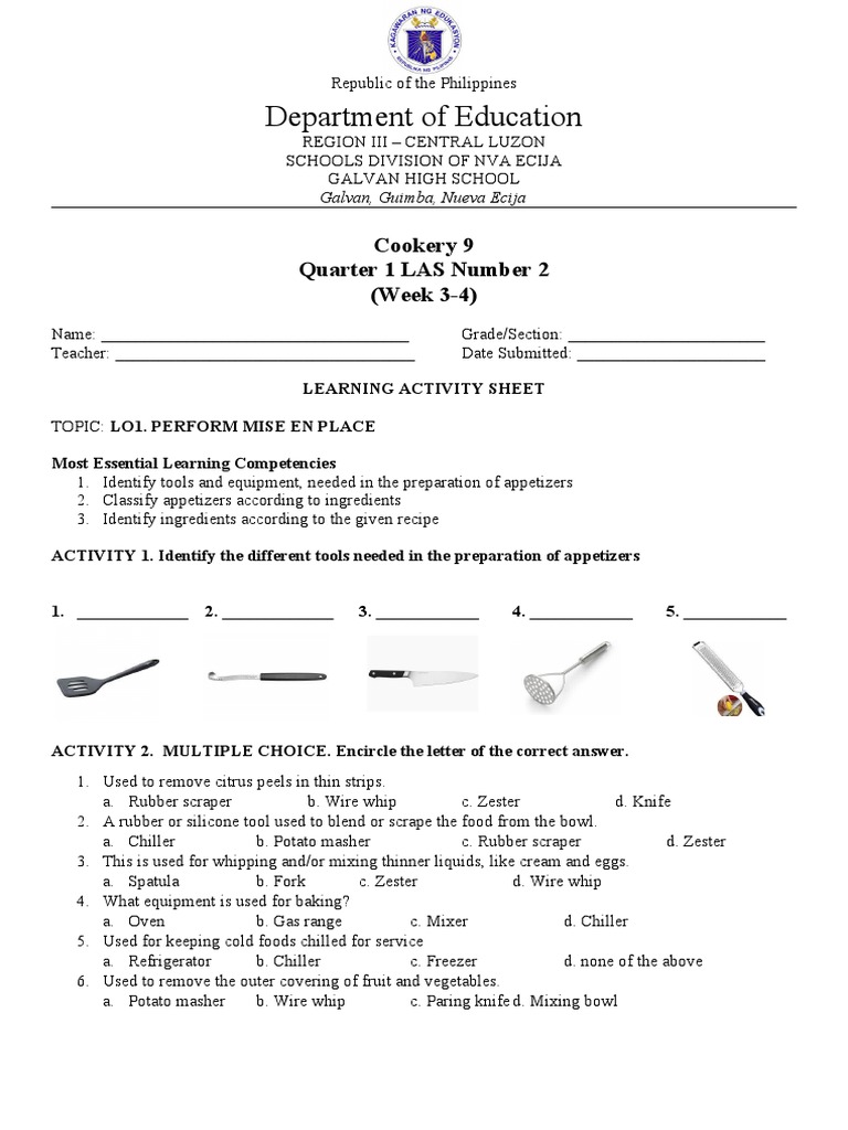 Department of Education: Cookery 9 Quarter 1 LAS Number 2 (Week 3-4 ...