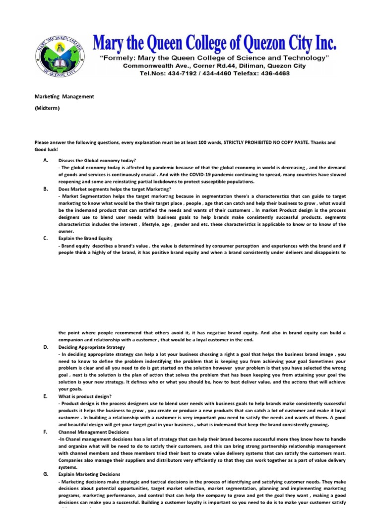 Marketing Management-MIDTERM EXAM | PDF | Marketing | Brand