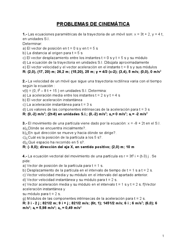 Problemas de Cinemática 1 Bachillerato | PDF | Aceleración | Velocidad