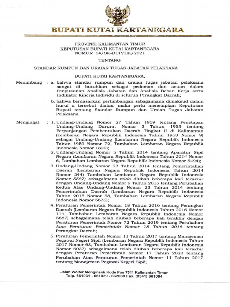 SK Bupati Kab. Kukar No 54 - Sk-Bup - HK - 2021 Tentang Standar Rumpun Dan Urtug Jabatan ...