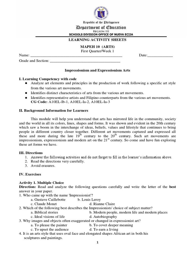 ARTS10 q1 w1 Impressionism and Expressionism Arts | PDF | Impressionism ...