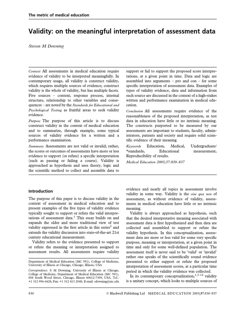 Downing - Validity - On The Meaningful Interpretation of Assessment Data | PDF | Validity ...