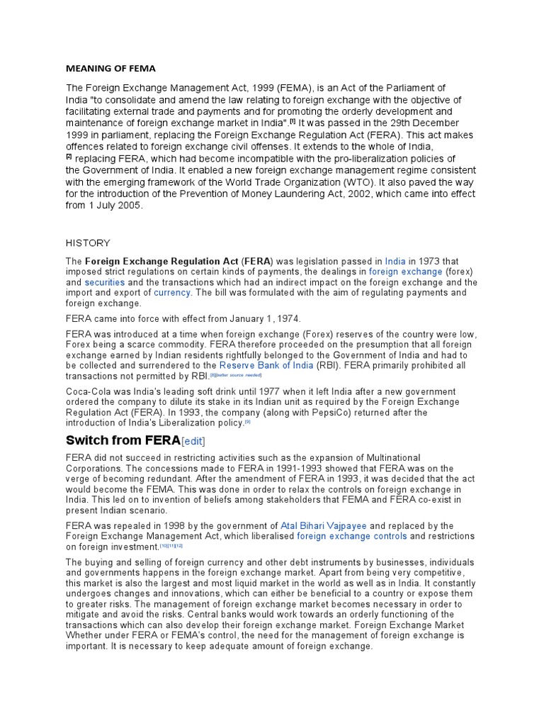 Meaning of Fema: Switch From FERA | PDF | Policy | Economies