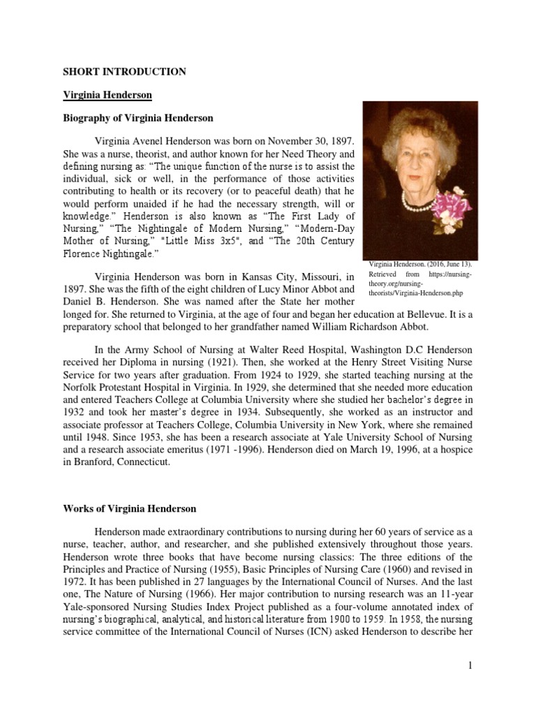 Virginia Henderson Biography And Works Nurseslabs Nursing Theories